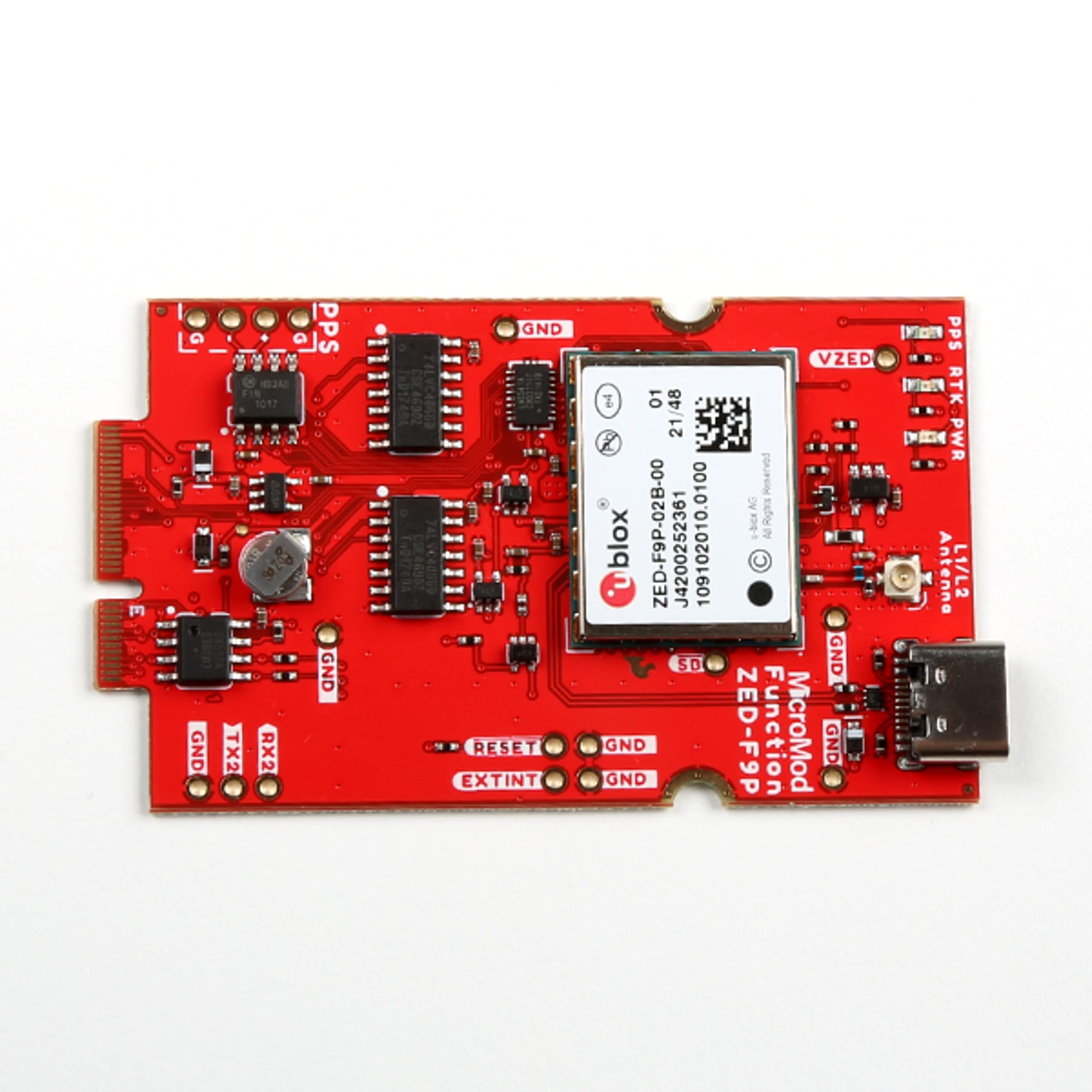 SparkFun MicroMod GNSS Function Board - ZED-F9P GPS Function Board -ZED-F9P Operating Voltage: 3.3V. Board Dimensions: 2.5in x 2.6in x 1.3in