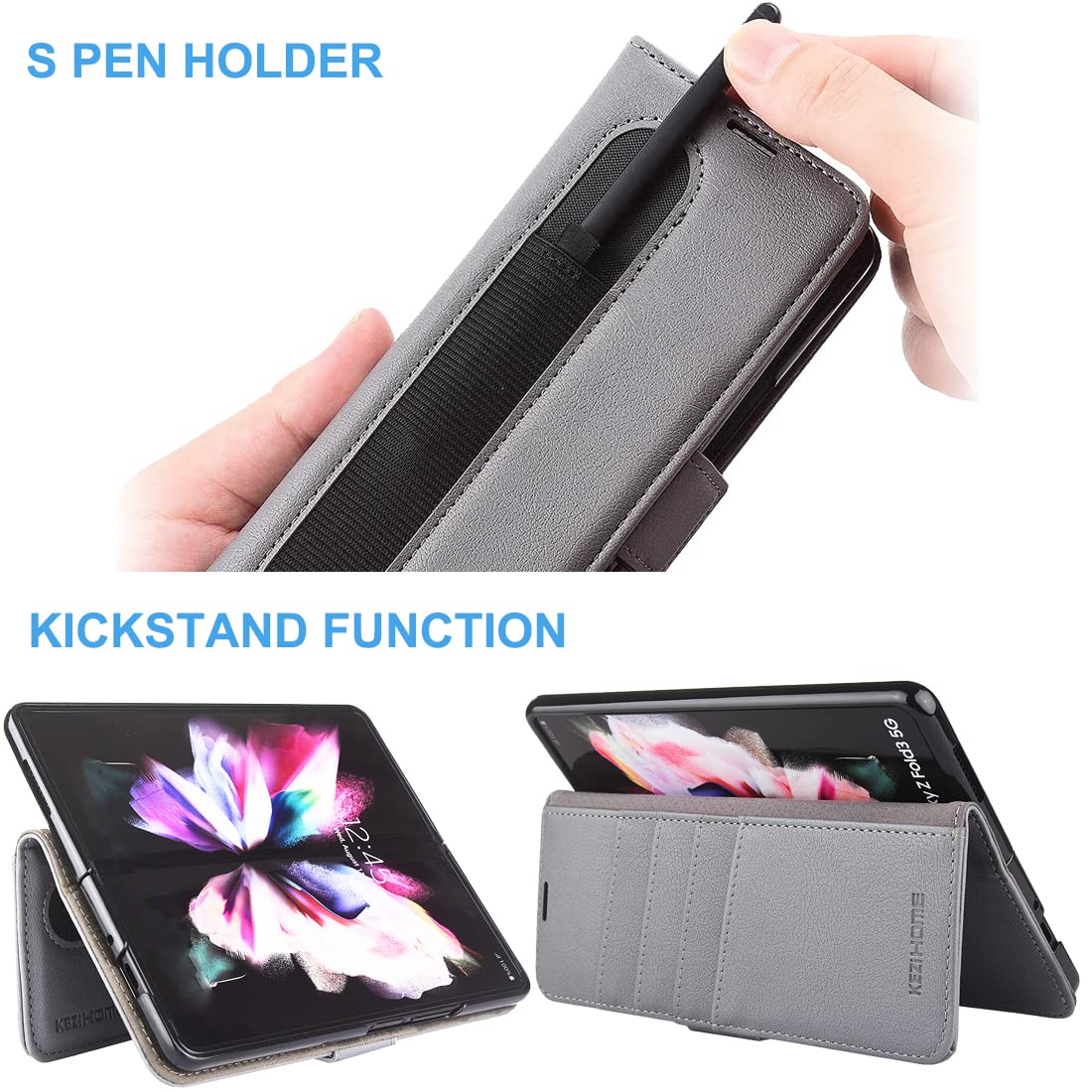 KEZiHOME for Samsung Galaxy Z Fold 3 Wallet Case with S Pen Holder, PU Leather [RFID Blocking] Card Slots Kickstand Flip Phone Cover Case Compatible with Galaxy Z Fold 3 5G (2021) (Gray)