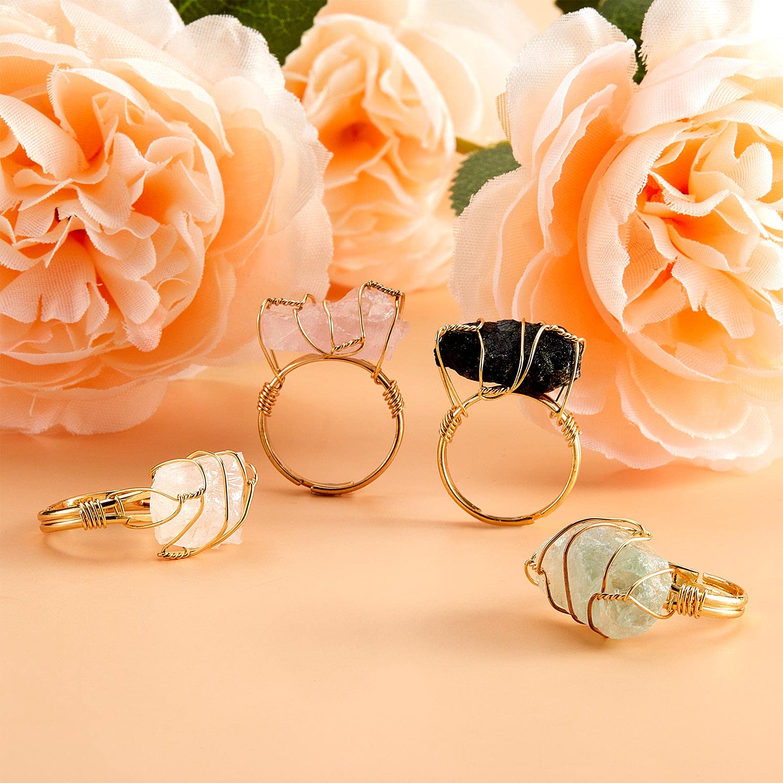 Kigeli 4 Pieces Chakra Crystal Ring Healing Crystal Ring Crystal Gemstone Adjustable Ring Irregular Crystal Wire Wrapped Ring Jewelry for Women and Girls (Pink, White, Black, Green)