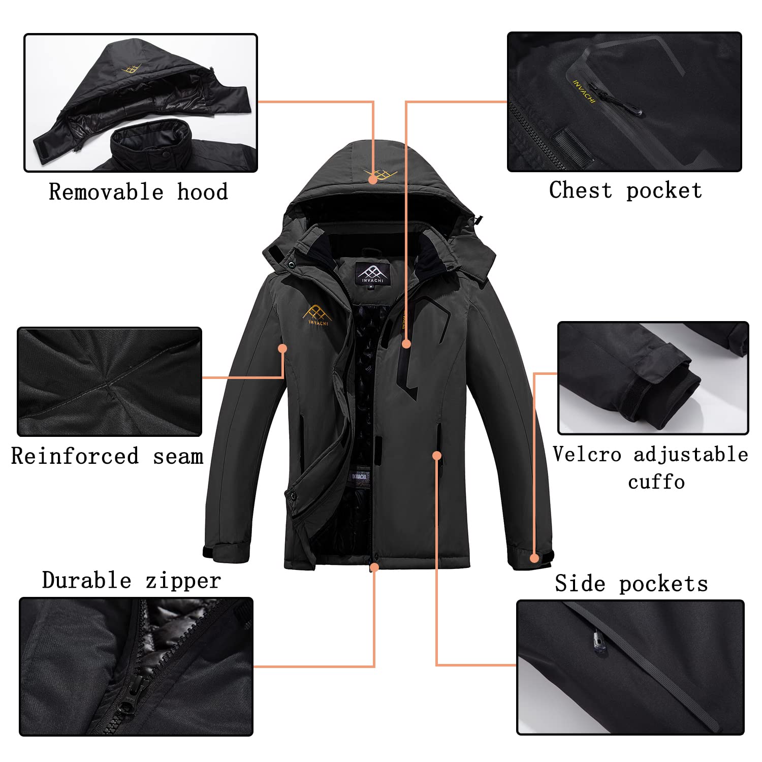 INVACHI Women's Waterproof Ski Jacket Warm Winter Snow Coat Mountain Windbreaker Hooded Raincoat Jacket