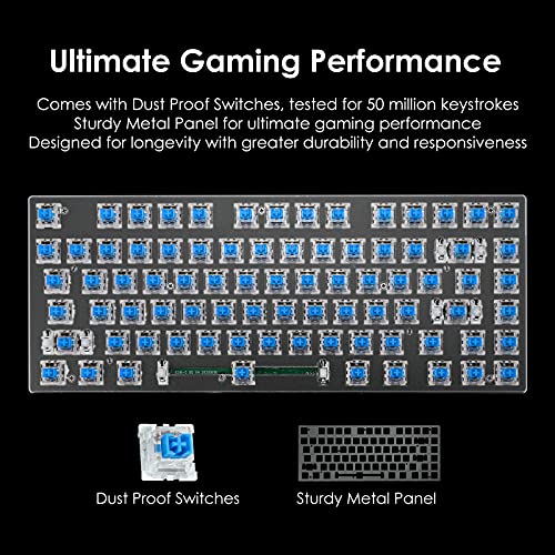 HUO JI 75% Mechanical Gaming Keyboard, with Blue Switches - Clicky, Rainbow LED Backlit, Metal Panel, USB Wired Compact 81 Keys for PC/Mac, Black