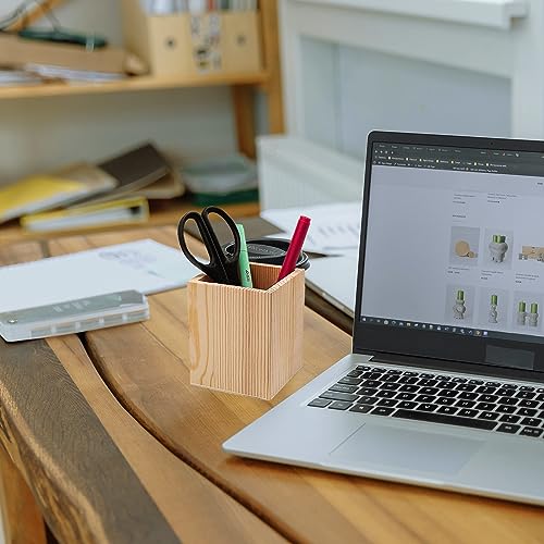 ZUFECY DIY Wooden Pen Holder Desk, Pencil Cup Makeup Brush Holder, Desktop Organizer Storage Case Stationery for School Home Office Supplies (Square)