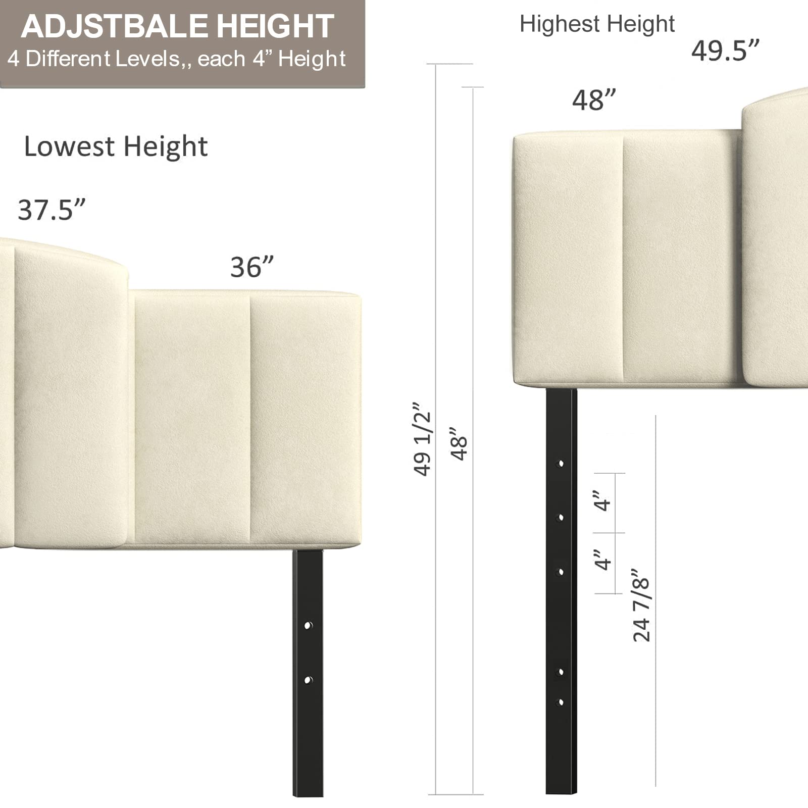 Iccequee Bed Headboard Velvet Upholstered Curved Top Design Full/Queen/King Size 3 in 1, Heights from 37 to 49 inch Adjustable White Set of 1
