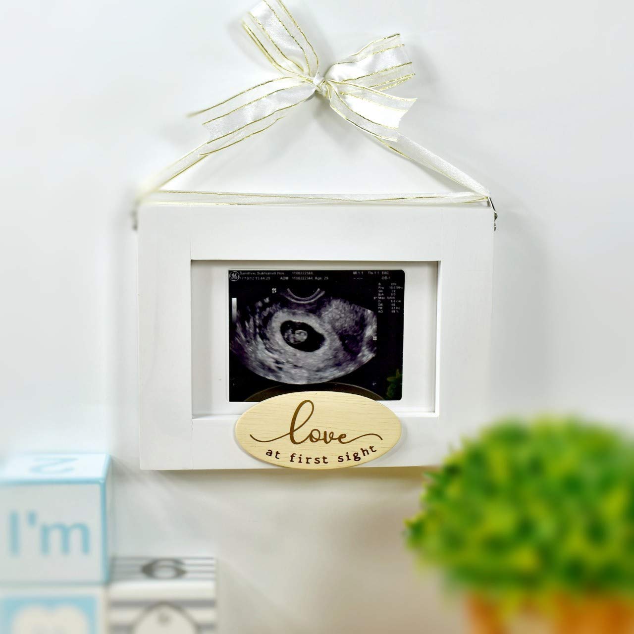 I’m Solid Wood Sonogram Pregnancy Baby Ultrasound 2 Sided Photo Frame, Great for Expecting New Parents Keepsake & Nursery Décor “Love at First Sight/Dream Big Sweet Baby" (White)