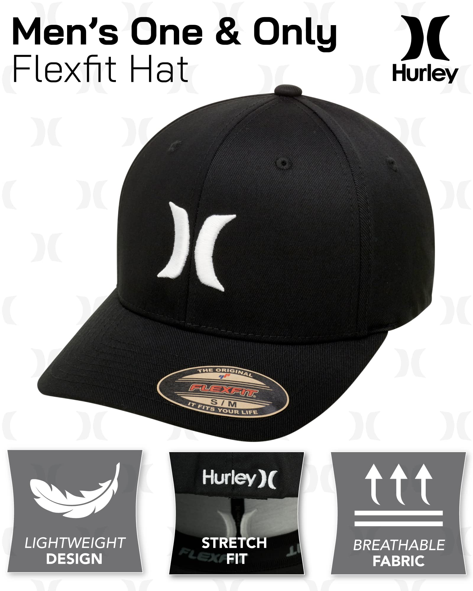 Hurley Men's One And Only Black Flexfit Hat, White, Small/Medium