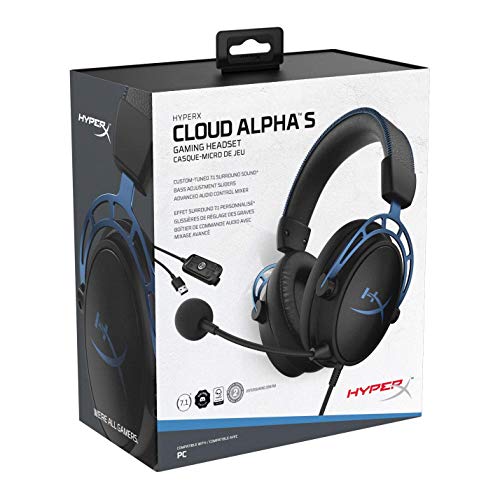 HyperX Cloud Alpha S - PC Gaming Headset, 7.1 Surround Sound, Adjustable Bass, Dual Chamber Drivers, Chat Mixer, Breathable Leatherette, Memory Foam, and Noise Cancelling Microphone - Blue