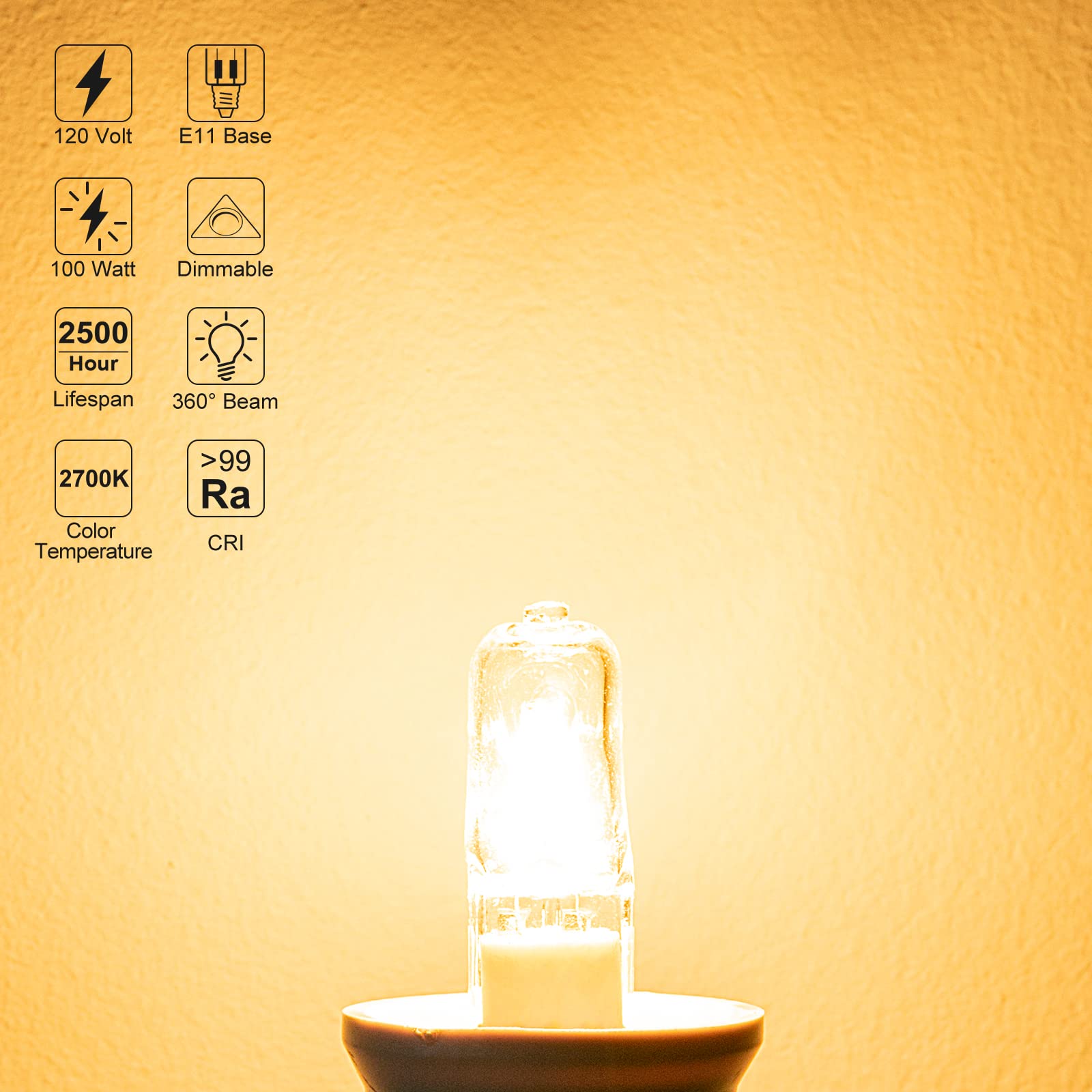 Jaenmsa E11 Bulb, 6 Pack JDE11 120V 100W Halogen Light Bulb, Dimmable JDE11 Bulb T4 Mini Candelabra Base for Chandeliers, Pendants, Table Lamps, Cabinet Lighting, 2700K Warm White(6 Pack)