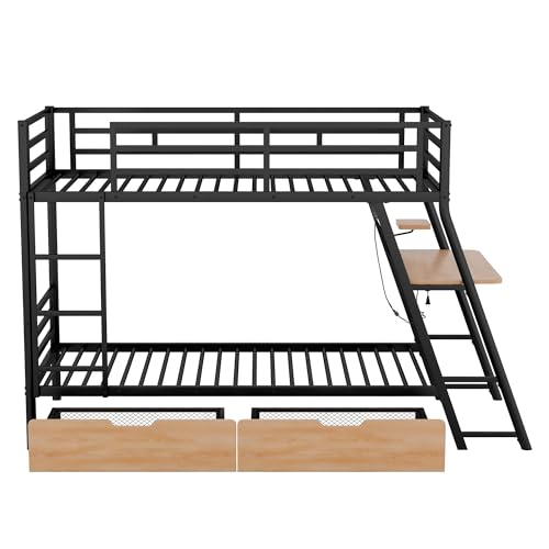 HBRR Metal Bunk Beds with Built-in Desk, 2 Storage Drawers and Light Strip, Twin Over Twin Bunk Bed Frame, Heavy Duty Steel BunkBed for Kids/Teens/Adults, No Box Spring Needed, Black