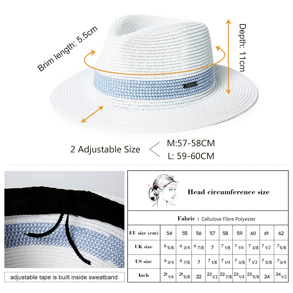 Jeff & Aimy Womens Packable Straw Fedora Panama Sun Summer Beach Derby Cuban Hat for Men White Blue