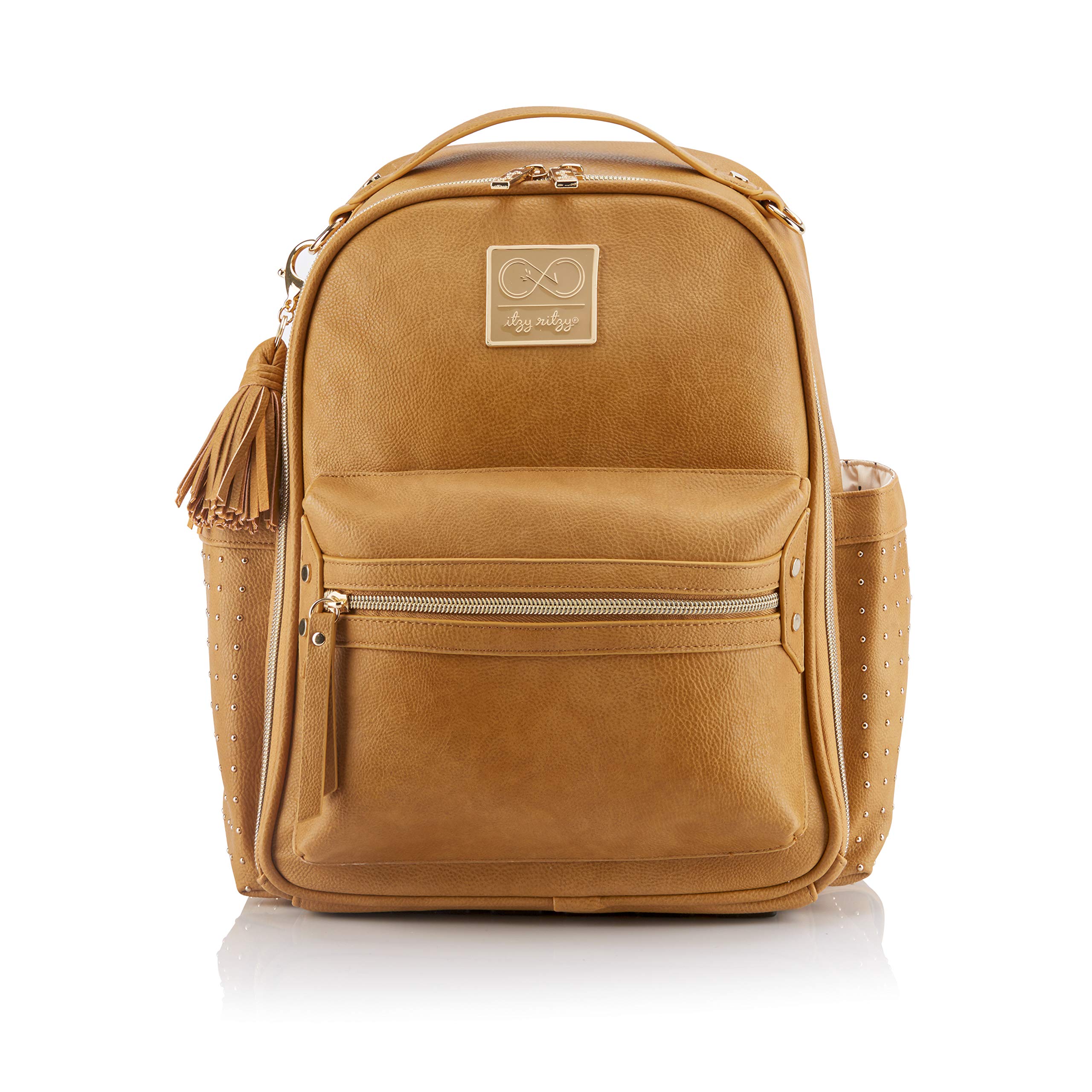 Itzy Ritzy Chelsea + Cole Mini Diaper Bag Backpack - Studded Mini Backpack with Changing Pad, 8 Pockets, Rubber Feet & Tassel - Caramel with Sweetheart Print Interior and Gold Hardware
