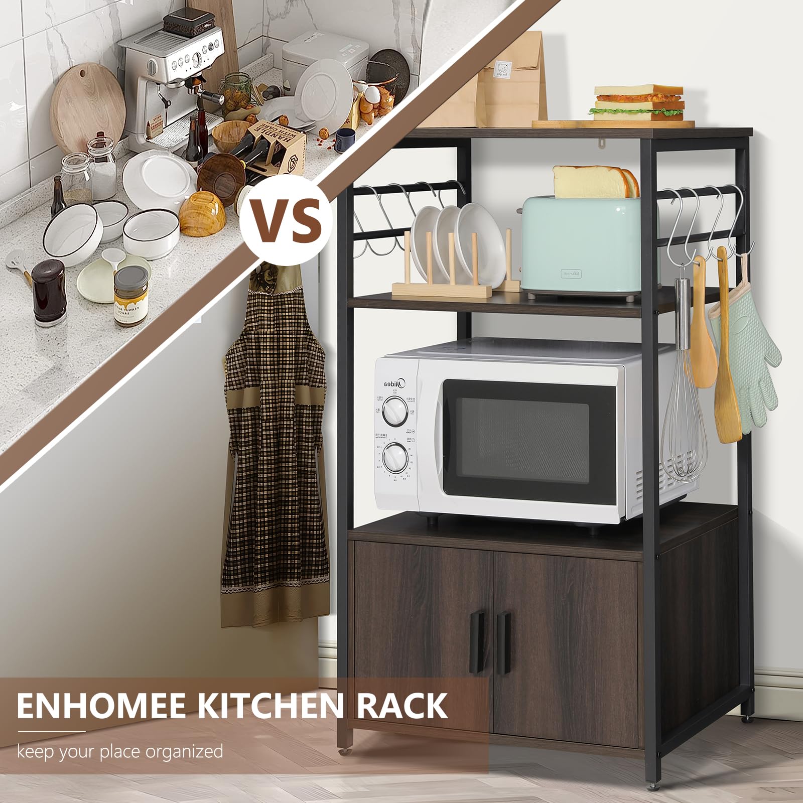 Iwell Baker's Rack, 3 Tiers Coffee Bar with Storage, Microwave Stand, Coffee Station with 8 S-Shaped Hooks, Dark Brown