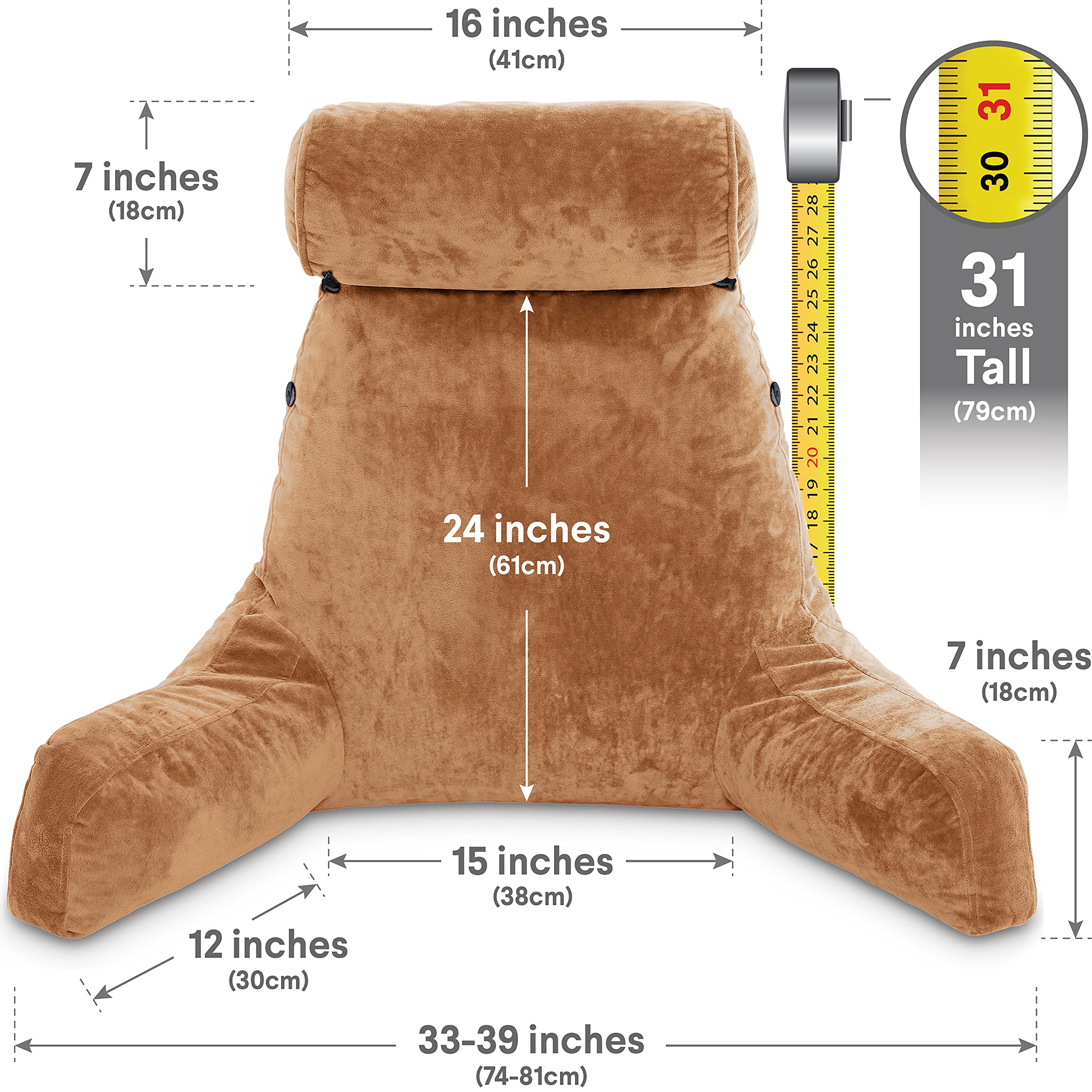 Husband Pillow Combo - Backrest Pillow with Arms : XXL Tan & Lap Desk Bed Tray : Grey - Memory Foam Reading Pillows for Bed w/Removable Neck Roll & Laptop Bed Tray Table