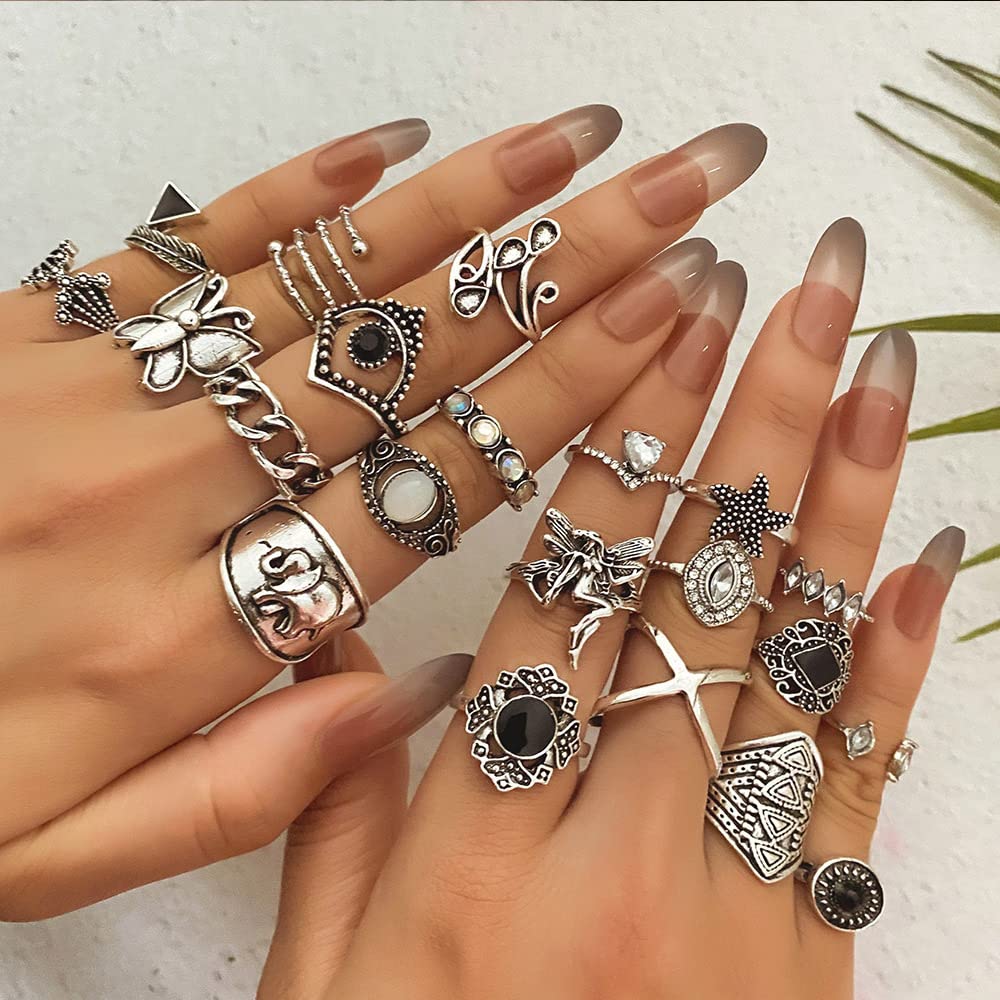 IFKM 80 Pcs Vintage Silver Knuckle Rings Set for Women Stackable Y2K Aesthetic Joint Finger Ring Bohemian Retro Midi Rings Boho Butterfly Snake Crystal Stacking Rings Pack for Girls