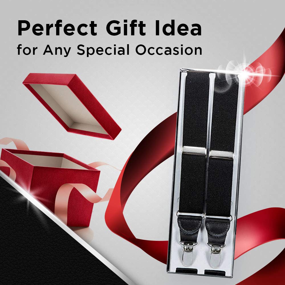 HOLD'EM Suspender for Men Made in USA Y-Back Leather Crosspatch Clip on tuxedo suspenders-Black (Regular - 46")