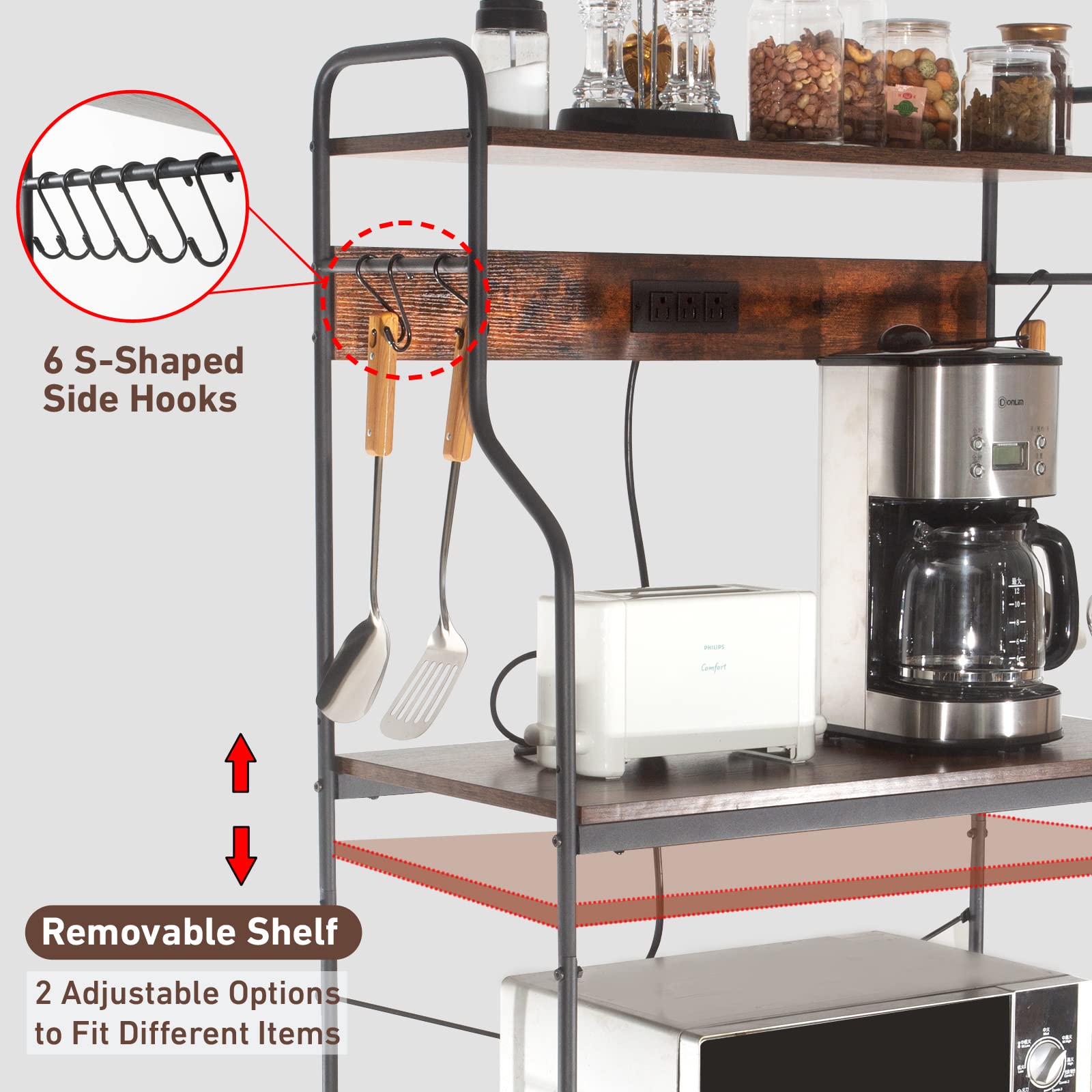 Hosfais Kitchen Appliance Organizer - Kitchen Shelves Freestanding with 3 Power Outlets, Microwave Stand with 4 Tiers Storage Shelf, Kitchen Appliance Stand with Hooks
