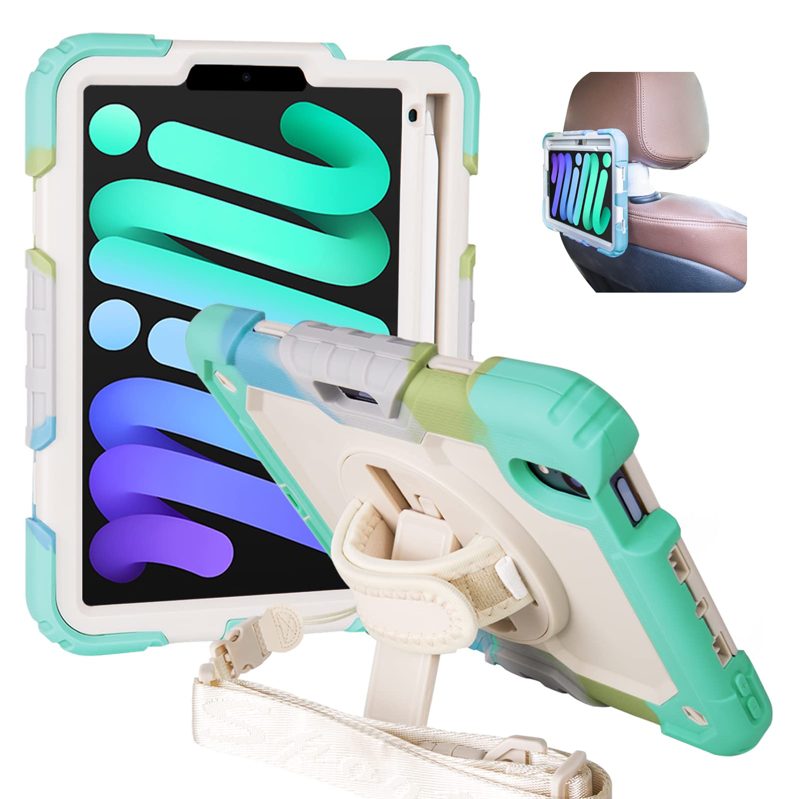 iPad Mini 2021 Case Kids, iPad Mini 6 Case 8.3 Inch w/Car Headrest Strap [Free Hands], Screen Protector, Pencil Holder, 360 Rotating Kickstand, Heavy Duty Shockproof iPad Mini 6th Generation Case