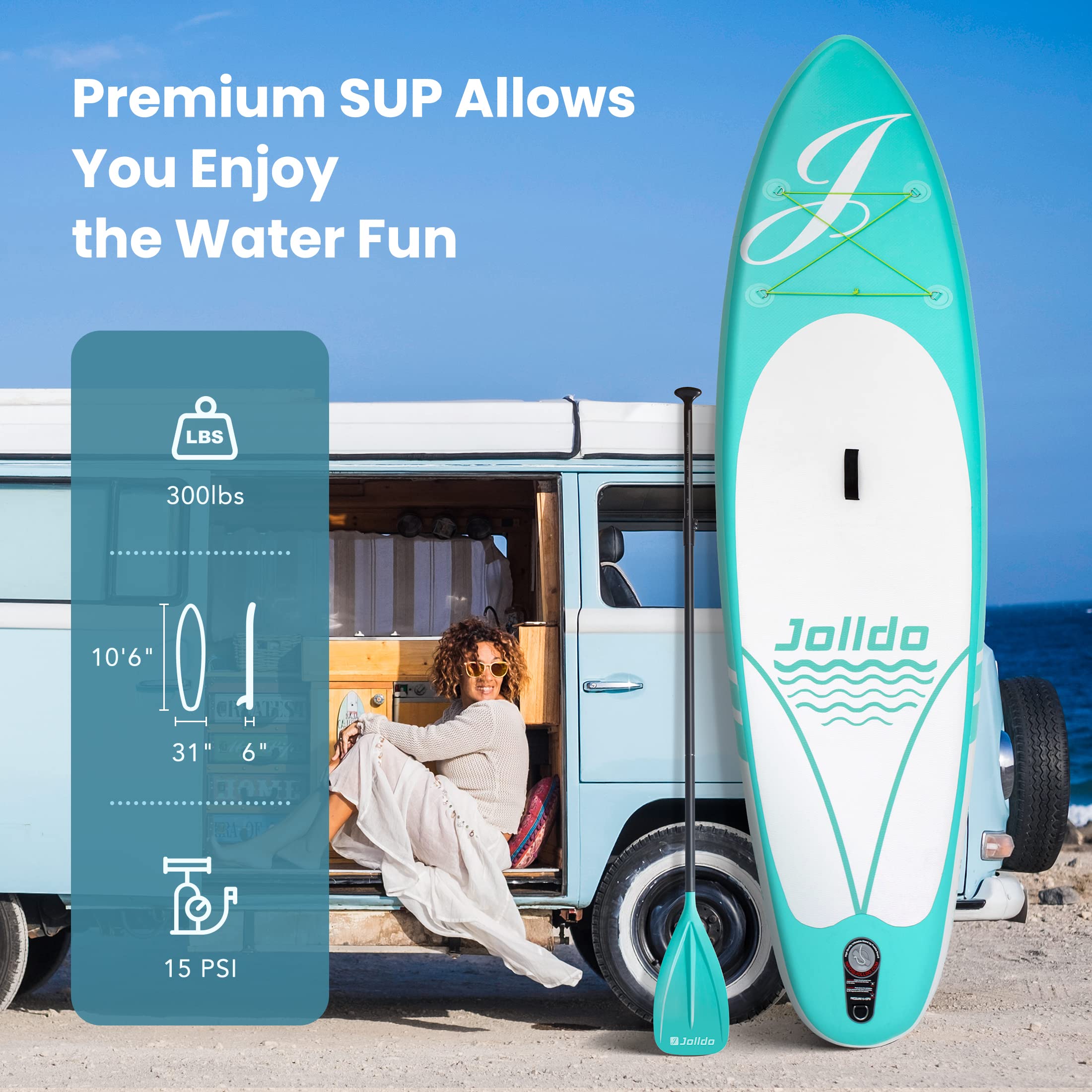 jolldo SUP Inflatable Paddle Board, Stand Up Paddle Board 10’6”×31"×6" Ultra-Light (17lbs) Paddle Board for Adults Youth, SUP with Bag, Adjustable Paddle, Pump, Leash, Fins, Repair Kit