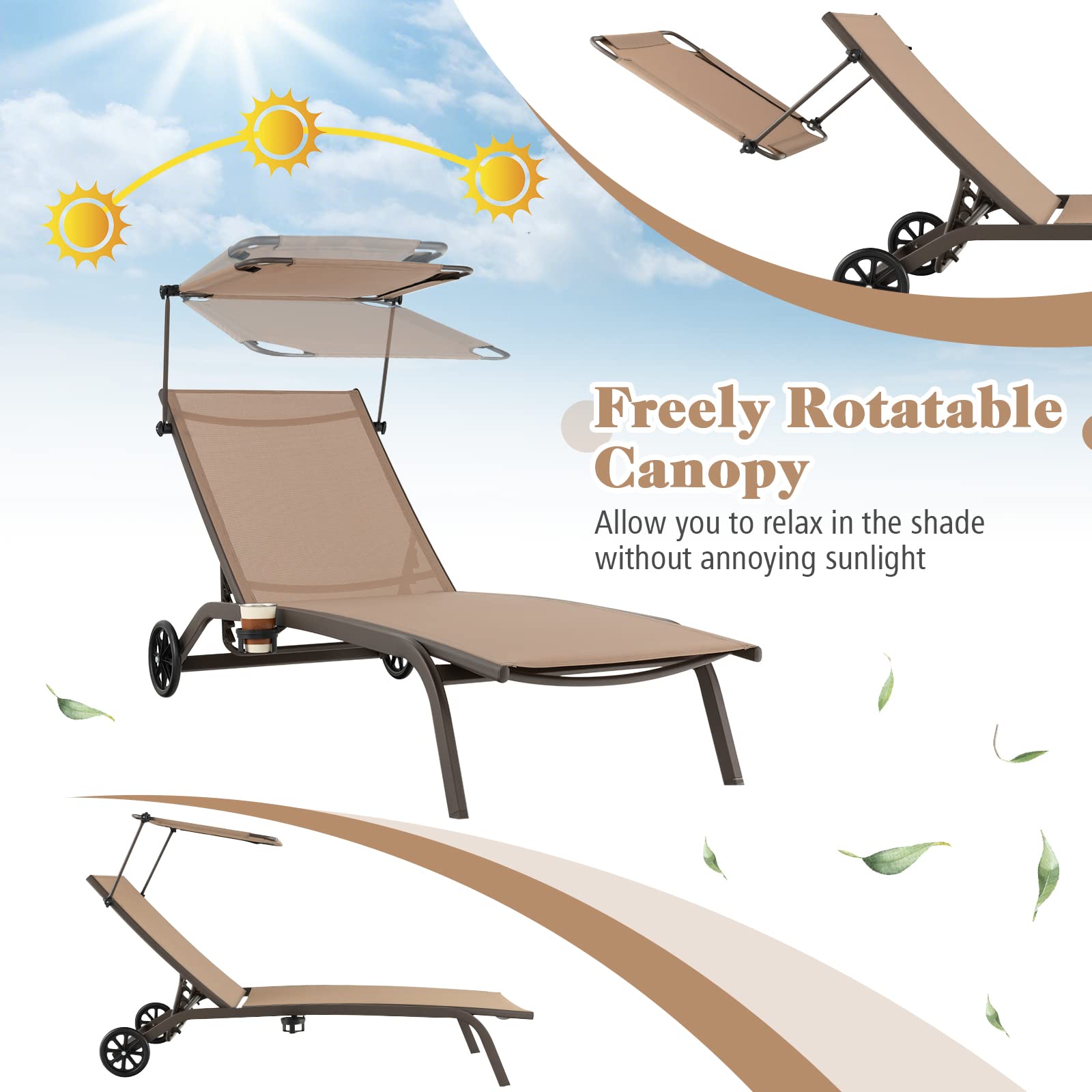 Tangkula Patio Chaise Lounge Chair Set of 2, Outdoor Recliner with Wheels, Adjustable Canopy & Cupholder, 6-Level Backrest, Heavy-Duty Metal Reclining Lounger for Poolside, Backyard (2, Brown)