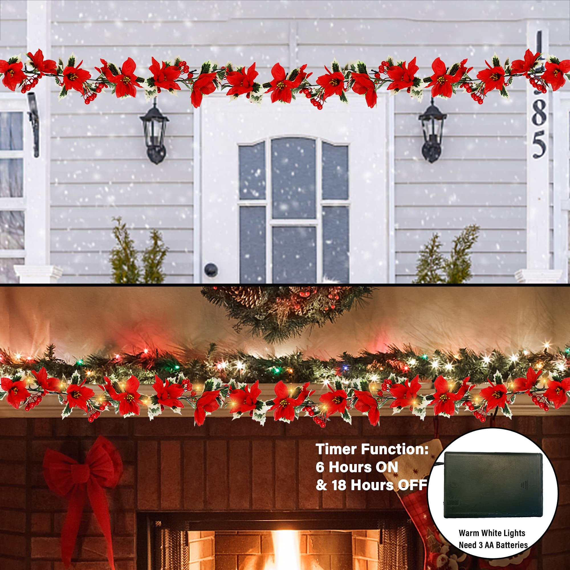Happy Trees 6 Ft Christmas Garland Lighted Decorations, Artificial Flowers Red Berries Holly Leaves Garlands with Timer, Xmas Ornaments for Indoor Mantle Fireplace Home Decor