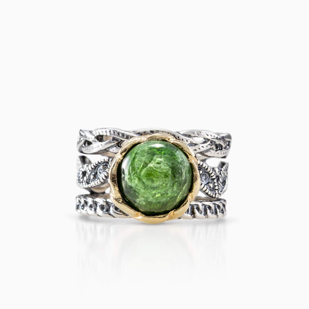 Joolala 4.0 Carat Natural Green Round Diopside Stone with 14K Gold Plate Ring in 925 Sterling Silver - Birthday Gift for Her, Size - 7