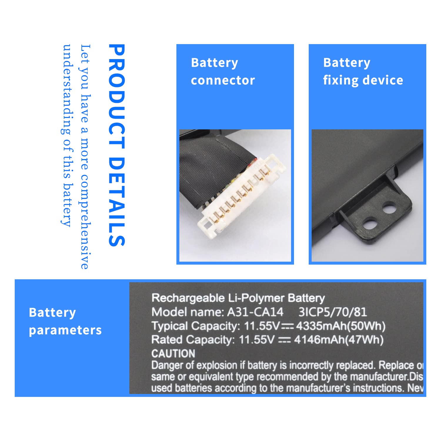 HXPKH A31-CA14 Laptop Battery for Getac A31-CA14 3ICP5/70/81 31CP5/70/81 Series Battery 11.55V 50Wh/4335mAh