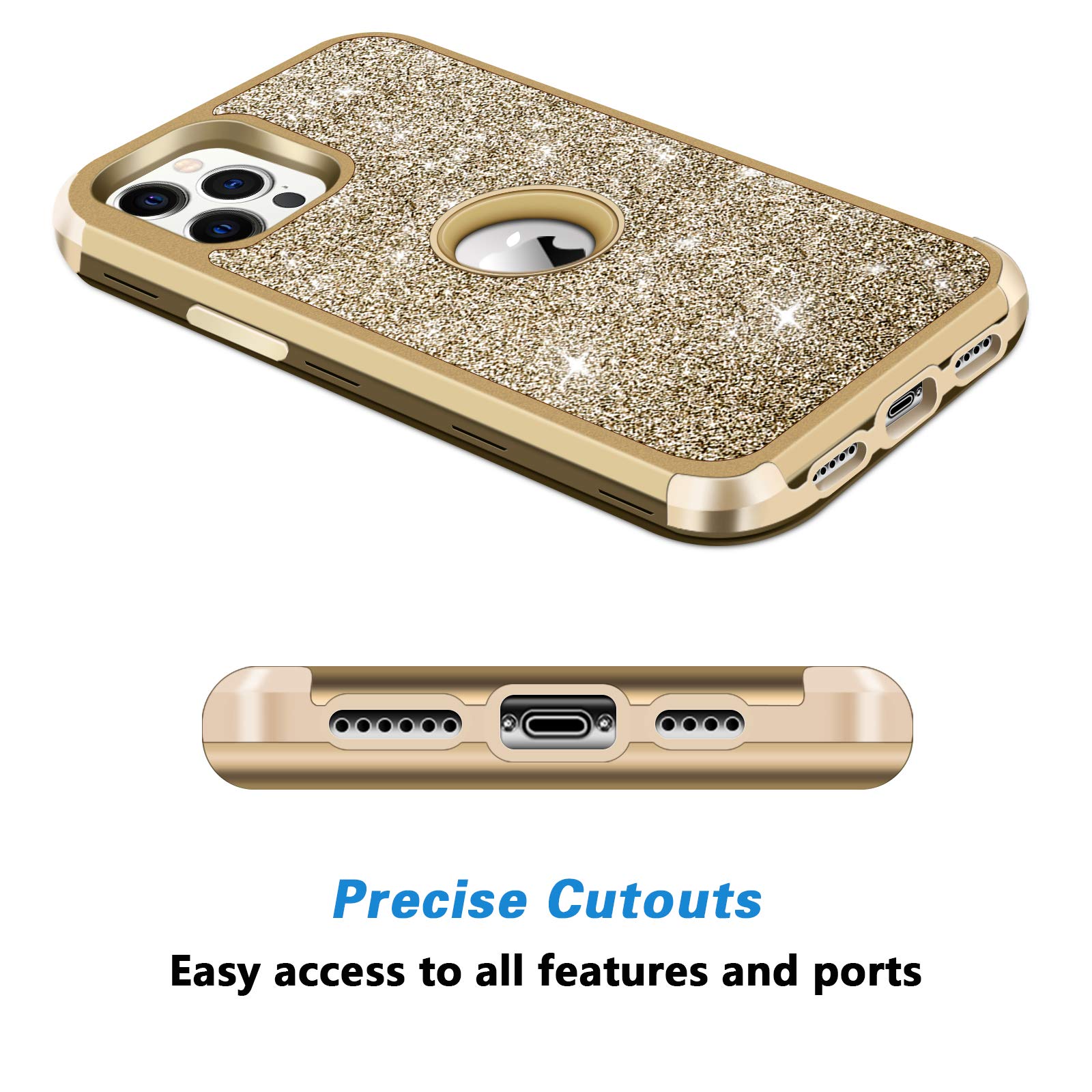 Hython Compatible with iPhone 12 Pro Max Case, Heavy Duty Defender Protective Case Bling Glitter Sparkle Hard Shell Hybrid Shockproof Rubber Bumper Cover for iPhone 12 Pro Max 6.7-inch 2020, Gold