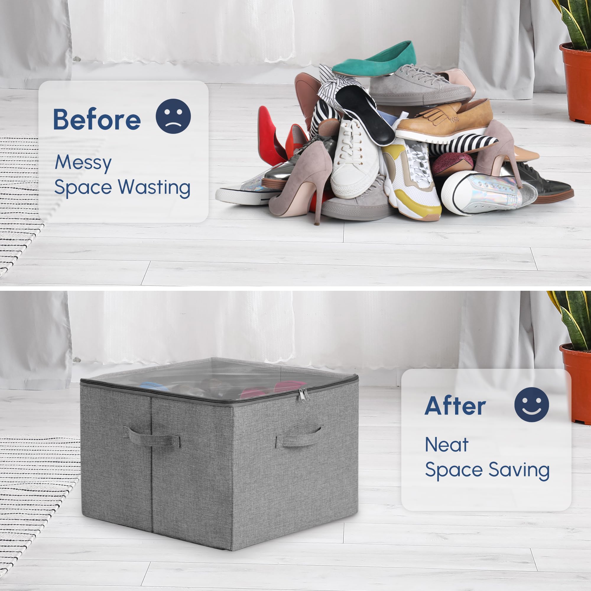 WELTRXE 2 Pack Shoe Organizer for Closet, Fits up to 32 Pairs, Small Space Shoe Storage Boxes Bins Containers w/Adjustable Dividers, Space Saving Shoes Holder W/Reinforced Handles, Gray