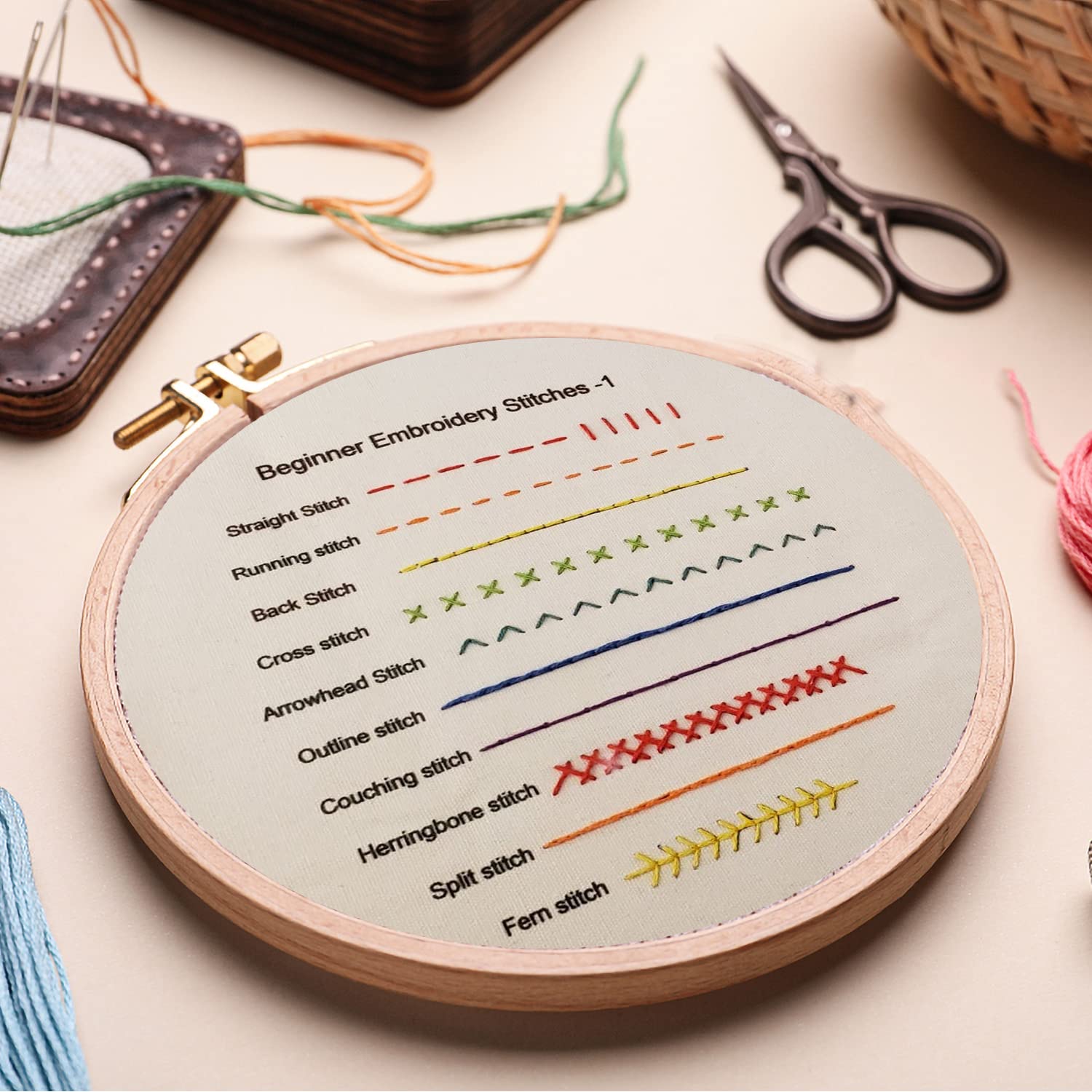 GOONAVI Beginner Embroidery Stitch Practice Kit, 3 Sets Embroidery Kit Include Embroidery Cloth with 30 Different Stitches Pattern Instructions Embroidery Hoops Threads and Tools for Craft Lover
