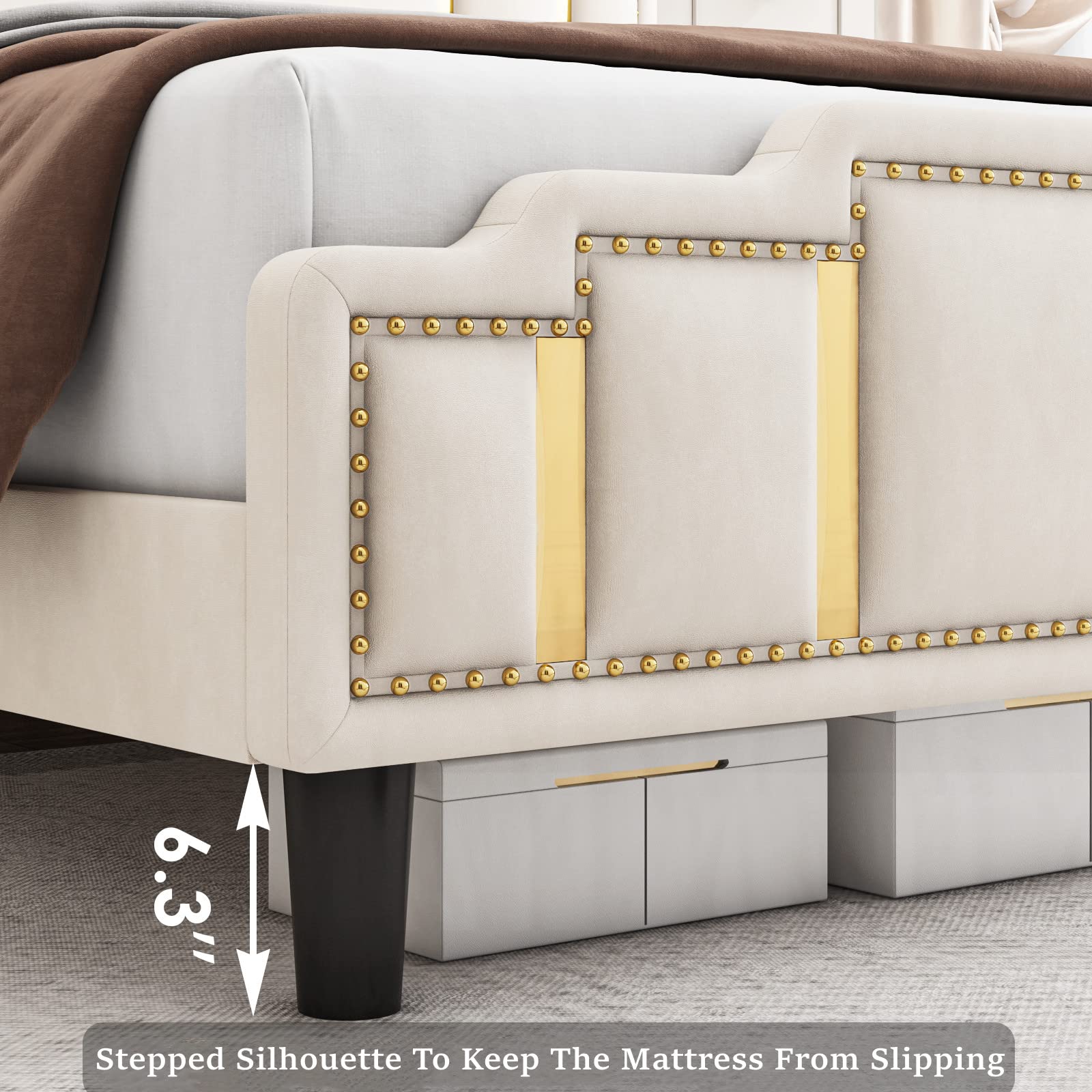 HIFIT Beige Queen Size Bed Frame and Height Adjustable Headboard, Mid-Century Modern Velvet Upholstered Platform Bed Frame with Golden Iron Slice & Nails, 43.9"-45.8" H