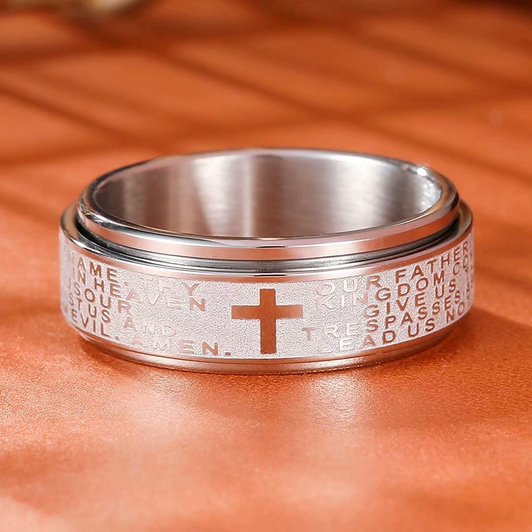 King Will 8mm Lord's Prayer Rotatable Ring Stainless Steel Ring Comfort Fit Wedding Band Rings For Men Women 9.5