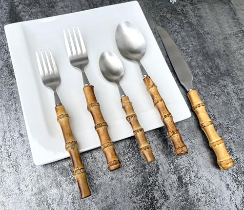 Nature Real Bamboo Handle Flatware 5-Piece Set, Stainless Steel 18/10 Food Safety Grade Silverware Cutlery Set Eating Utensils Matte Silver (Nature bamboo 5 pcs set)