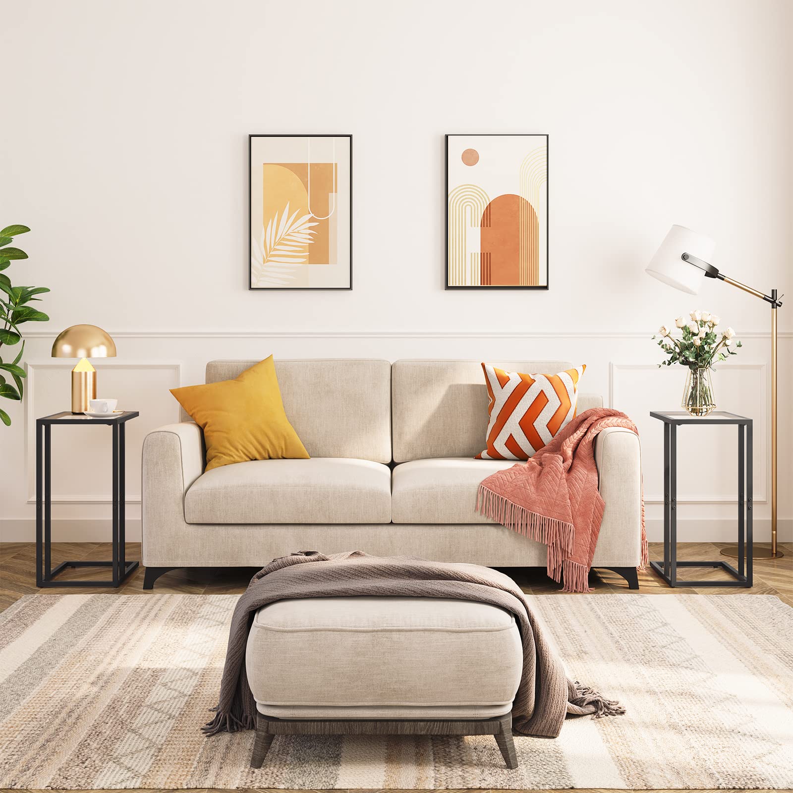 HOOBRO C Shaped End Table, Tempered Glass Snack Side Table with Metal Frame, TV Tray Table for Small Space, Sofa Couch and Bed, Modern Style, White WT03SF01