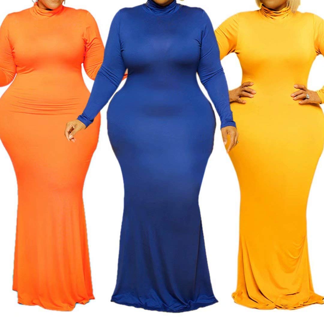 IyMoo Women's Sexy Plus Size Bodycon Turtleneck Cocktail Evening Mixi Dress Orange 4XL
