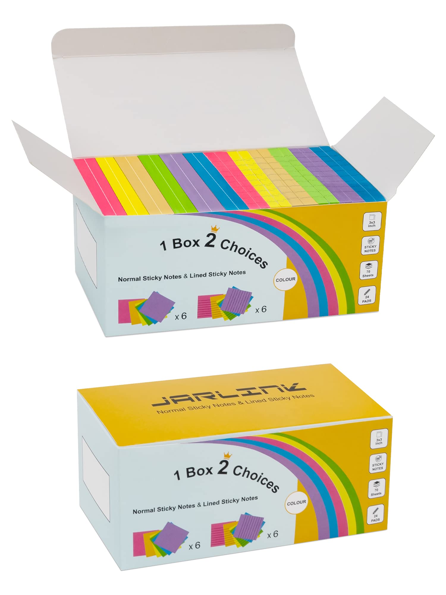 JARLINK 24 Pads Sticky Notes, 6 Bright Colors 3x3 Inches Self-Stick Pads, Easy to Post for Home, Office, Notebook, 70 Sheets/Pad, 2 Choices (Normal/Line)