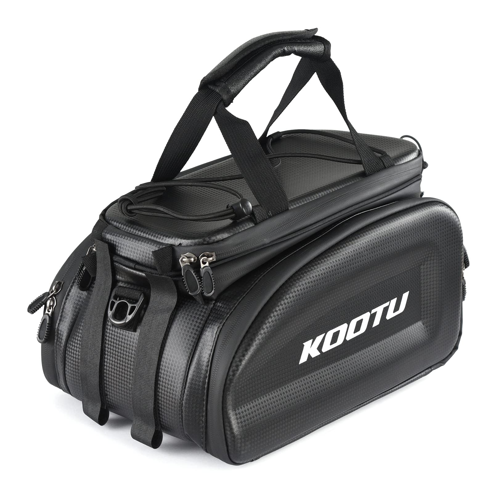 KOOTU Bike Rack Bag Trunk Waterproof Bicycle Bag with Hand Strap,Carbon Leather Extendable Bike Rear Rack Bag Bike Panniers for Cycling Commuting Camping Outdoor Traveling