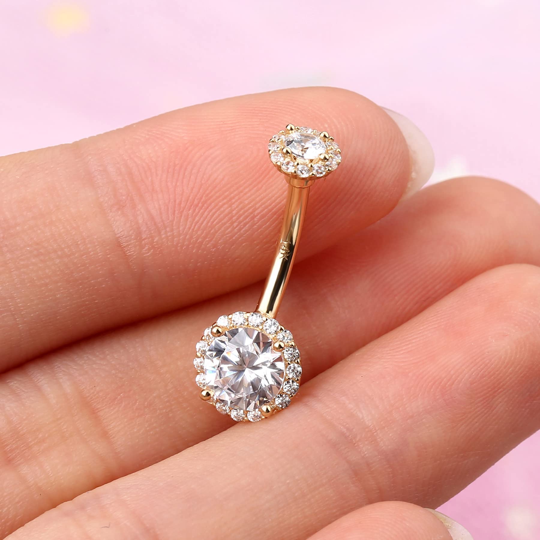 Jewseen 14K Gold Belly Button Ring Sparkling CZ Navel Rings Belly Bar Navel Piercing Body Jewelry