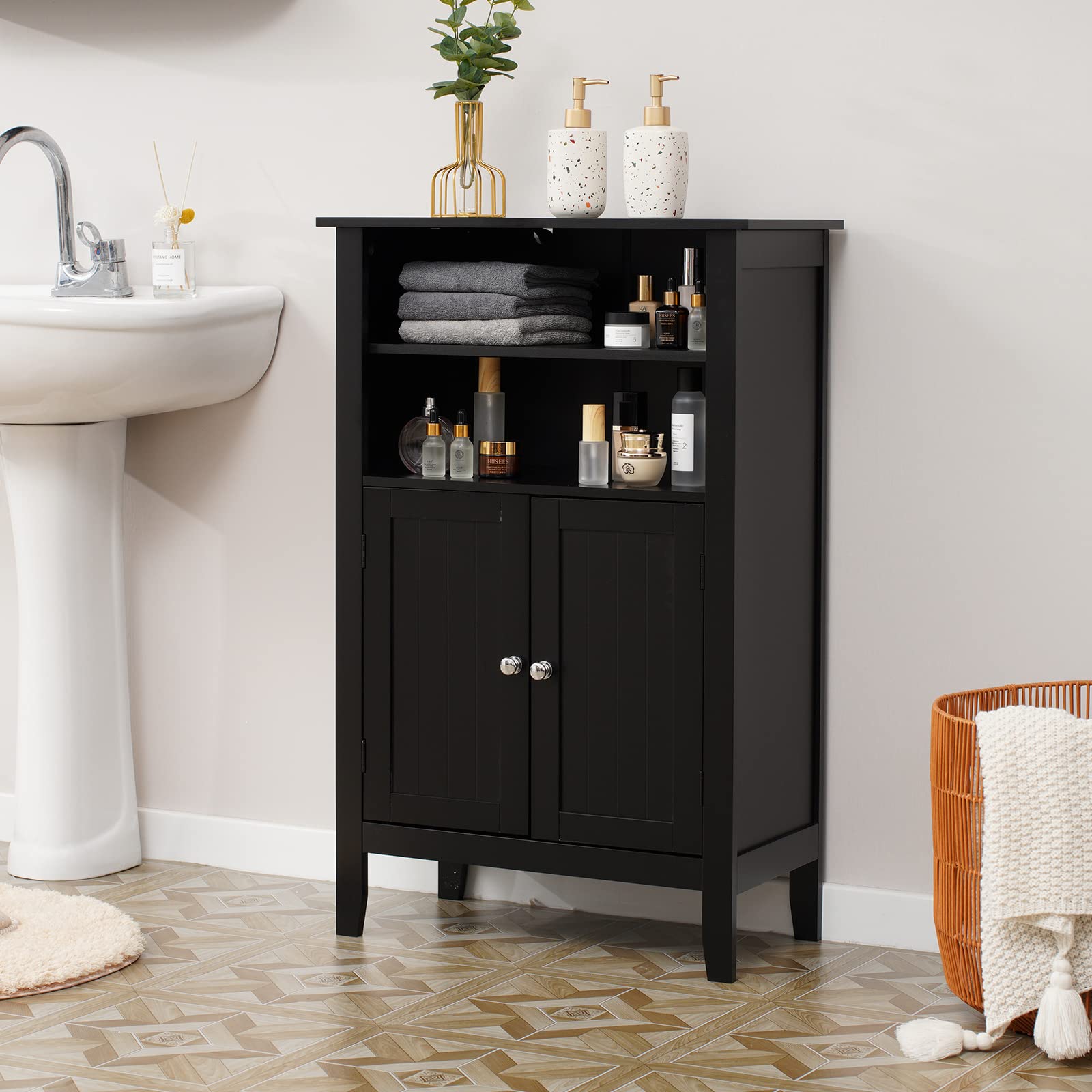 Iwell Black Bathroom Cabinet with 2 Adjustable Shelves, 6 Adjustable Heights, Floor Storage Cabinet with 2 Doors for Bathroom