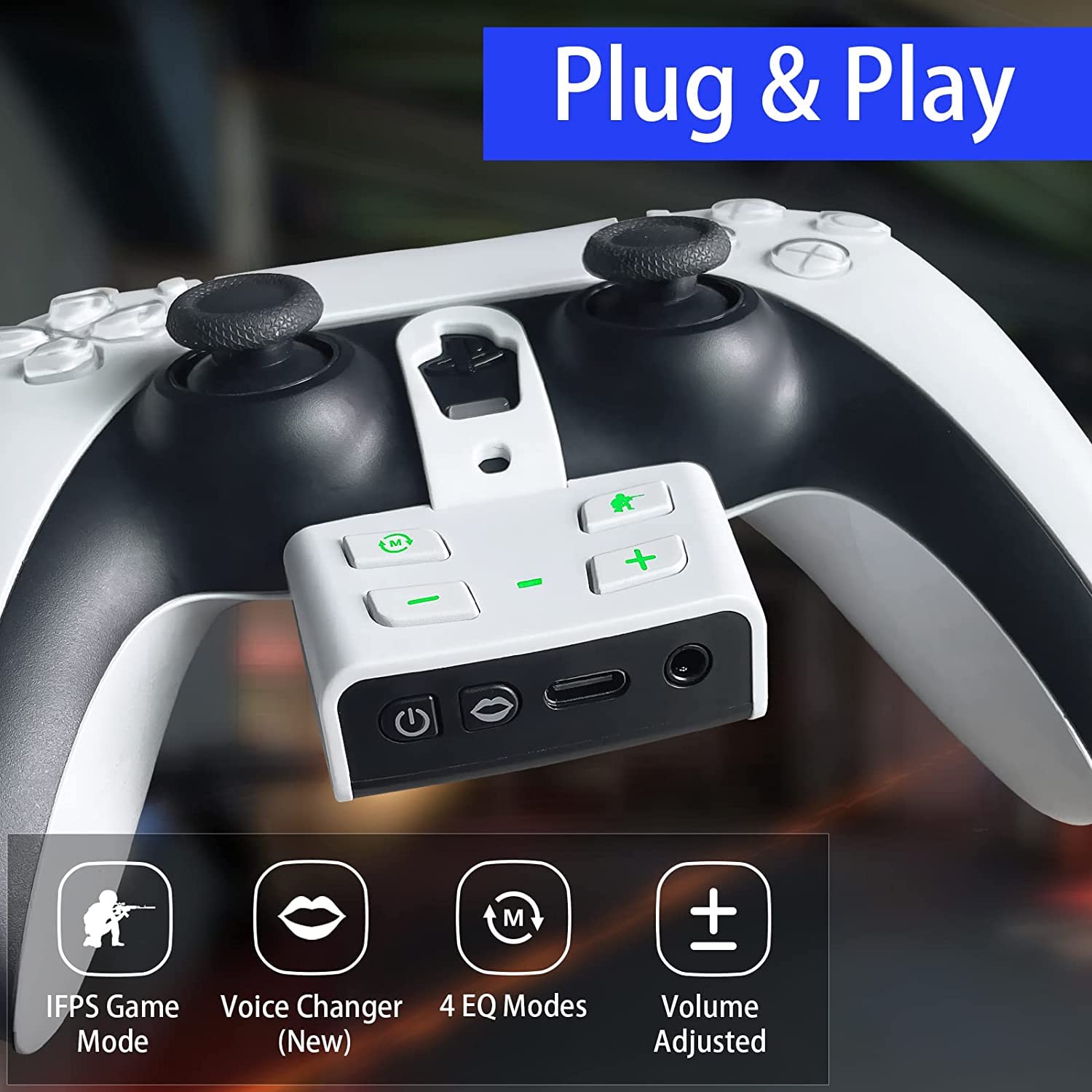 Kothab Voice Changer for PS5 Controller, Stereo Headset Adapter Sound Enhancer Headset Audio Controller Headphones Adapter Support 3.5mm Audio Jack/Type-C Audio Jack Headphones