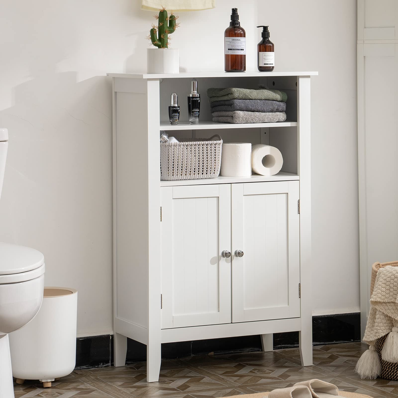 Iwell White Storage Cabinet with 2 Adjustable Shelves, 6 Adjustable Heights, Free Standing Wooden Organizer with 2 Doors for Bathroom