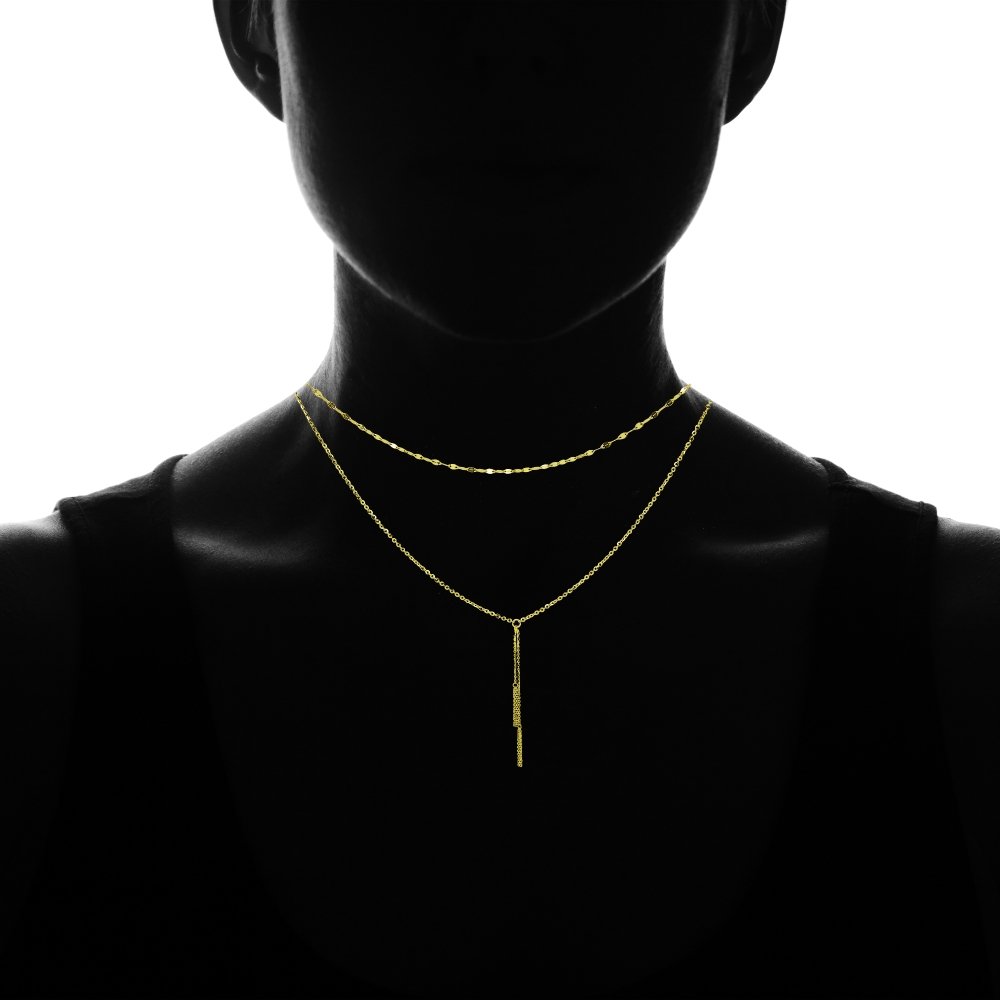 Hoops & Loops 14K Yellow Gold Italian Chain Hammered Mariner Layered Dainty Lariat Y-Necklace