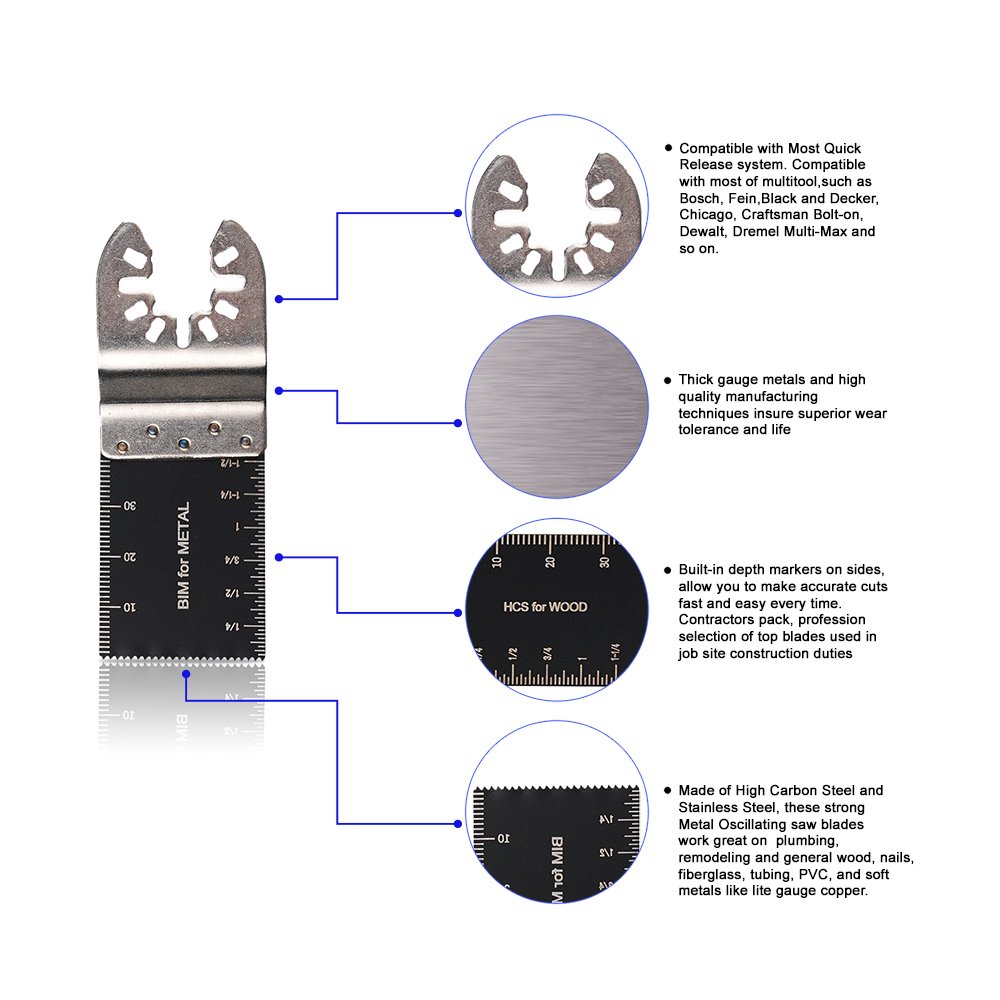 HIFROM Mixed 16 Metal/Wood Oscillating Multitool Quick Release Saw Blades Compatible with Fein Multimaster Porter Cable Bosch Dremel Craftsman Multi Tool