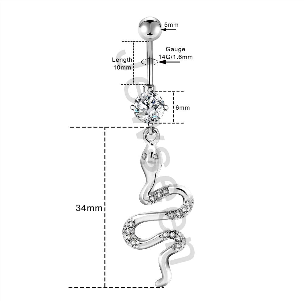 Jewseen Snake Belly Button Rings Sparkling CZ Dangle Navel Rings 14g Belly Bar Body Piercing Jewelry