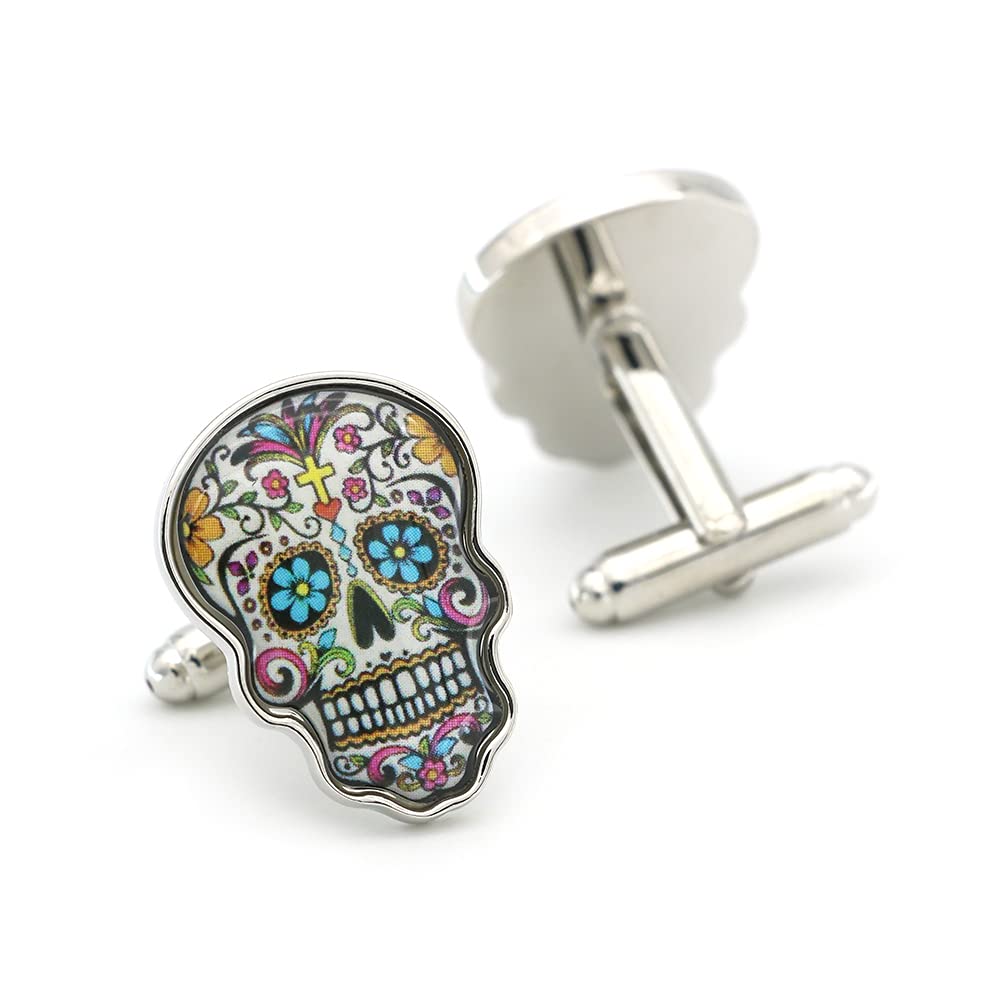 iGame Day Of The Dead Cuff Links Muti-color Brass Material Sugar Skull Design Cufflinks with Gift Box