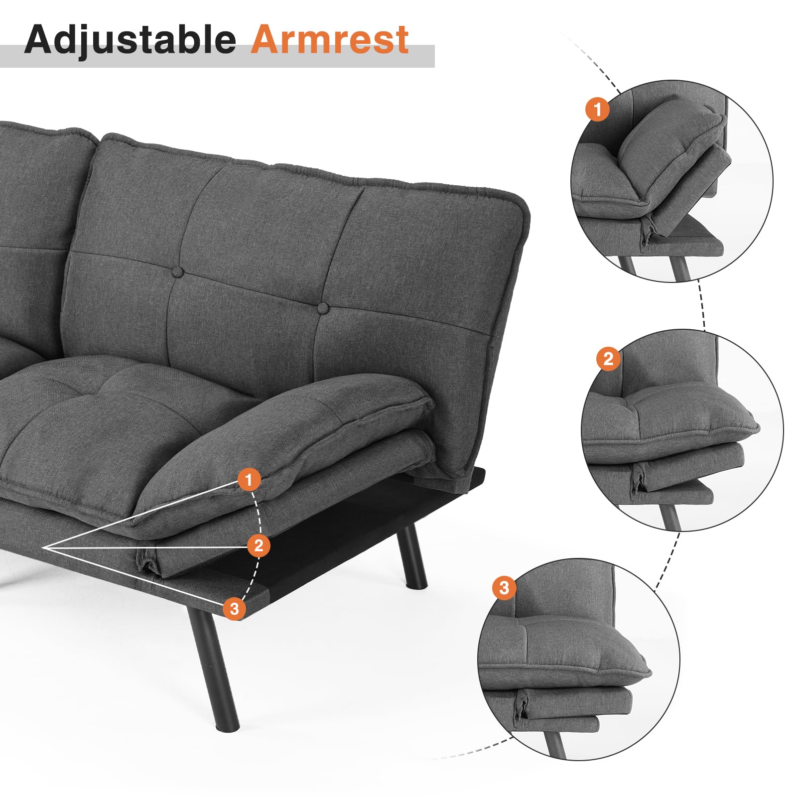 Sweetcrispy Sofa Couch, Futon Sofa Bed, Loveseat Sleeper Futon for Living Room, Foldable Memory Foam Furniture, Convertible Full Size Sofa, Adjustable Backrest and Armrests, Linen, Dark Grey