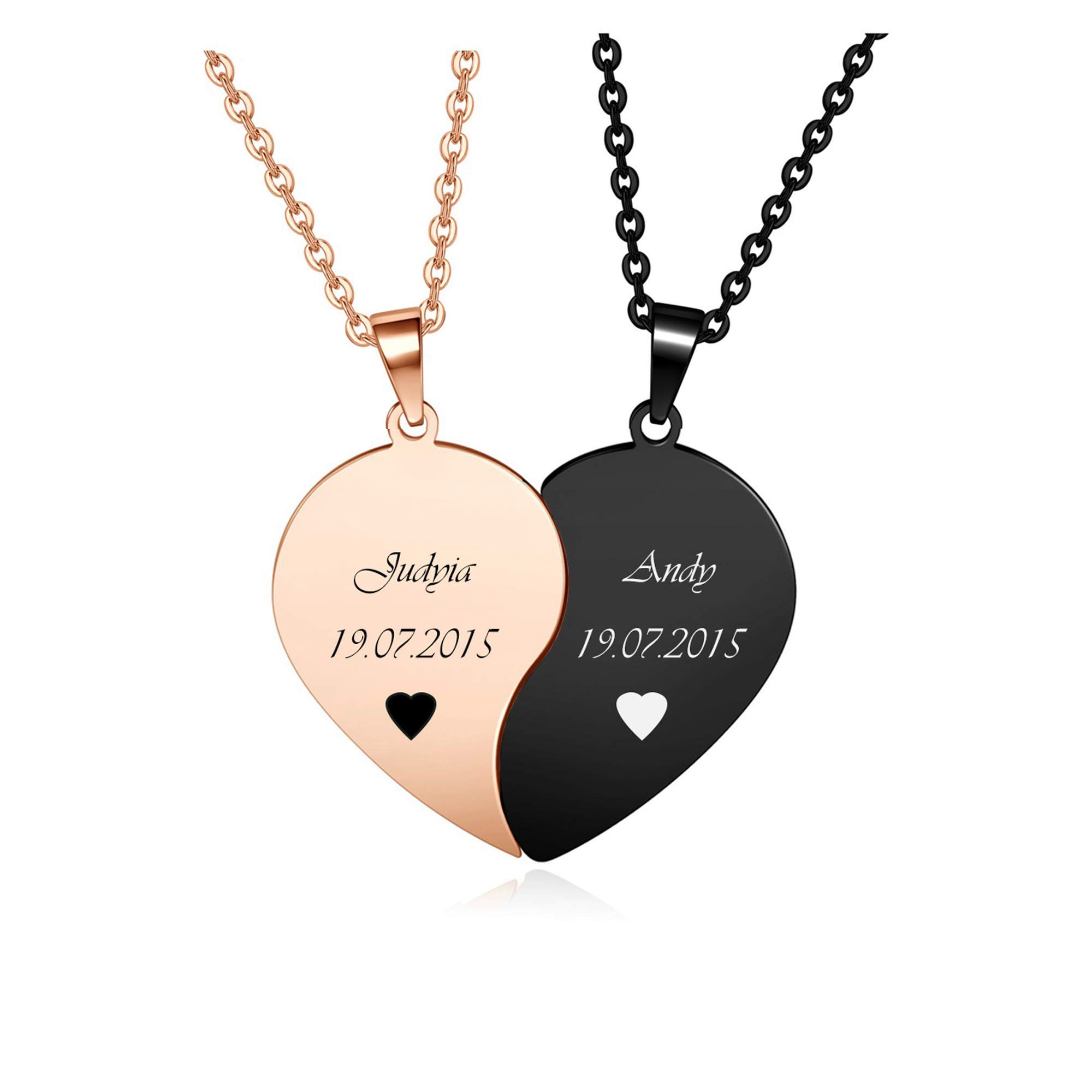 Jovivi Personalized Custom 2pcs Heart Couple Necklaces for Him and Her Black Rose Gold Stainless Steel Matching Puzzle Piece Necklace for Boyfriend Girlfriend Couples Wedding Valentines Gifts