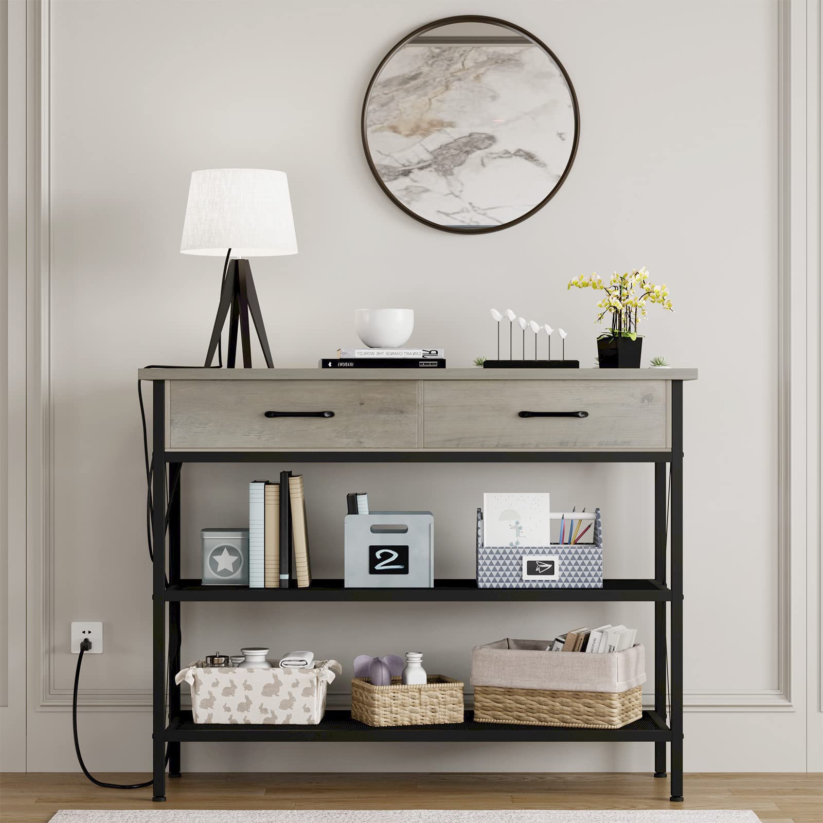 IDEALHOUSE Console Table with Storage, 39.3'' Entryway Table with 2 Drawers, Grey Behind Sofa Table, Console Table with Outlet for Living Room, Couch, Hallway, Foyer, Entryway, Kitchen-3 Tier
