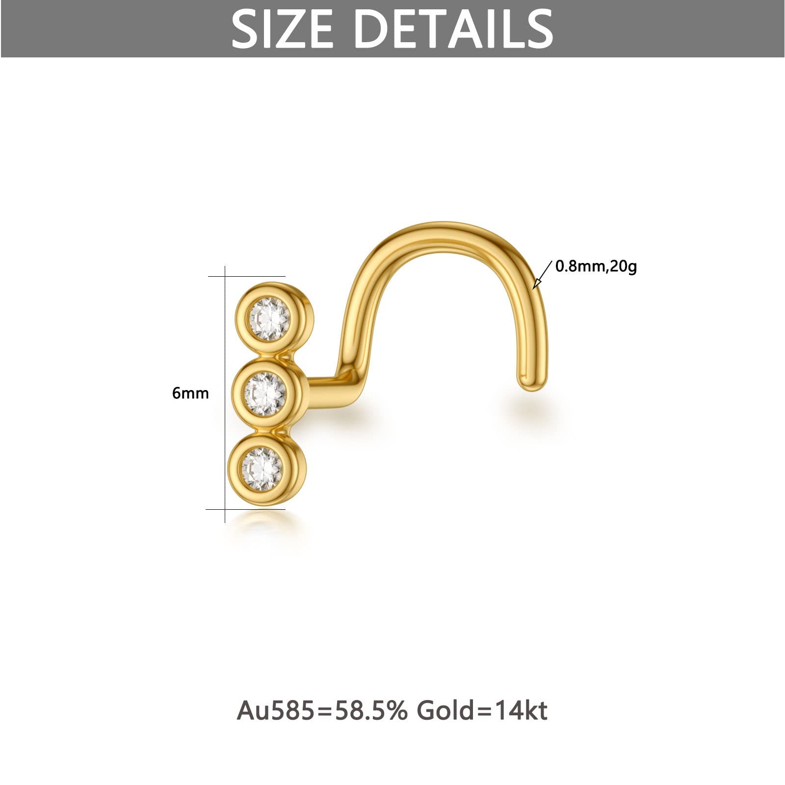 MRENITE Solid 14K Gold Nose Stud Ring Twist Screws 20 Gauge with CZ Real Gold Nose Piercing Jewelry Gift for Women Men Girl