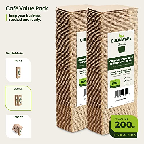 Kraft Paper Hot Cup Sleeve Jacket Holder | Corrugated Cardboard Protective Hot And Cold Insulator | Espresso Coffee Milk Tea Beverage And Hand Protector Fits 12/24oz Paper cups (Kraft, 200)