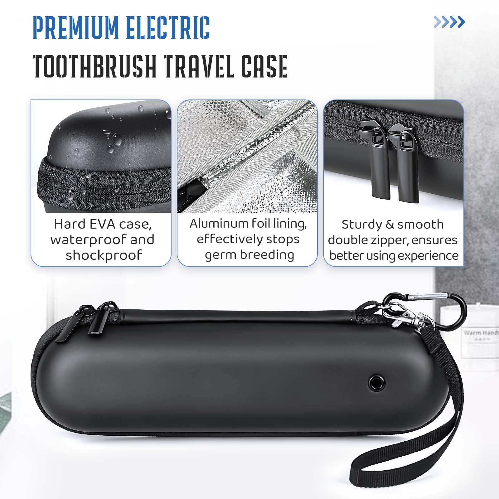 Rhino Valley Electric Toothbrush Travel Case, Hard EVA & Tin Foil Lining Carrying Case Holder Container with Strap & 2 Breathable Holes, Compatible with Oral-B/Oral-B Pro Smartseries
