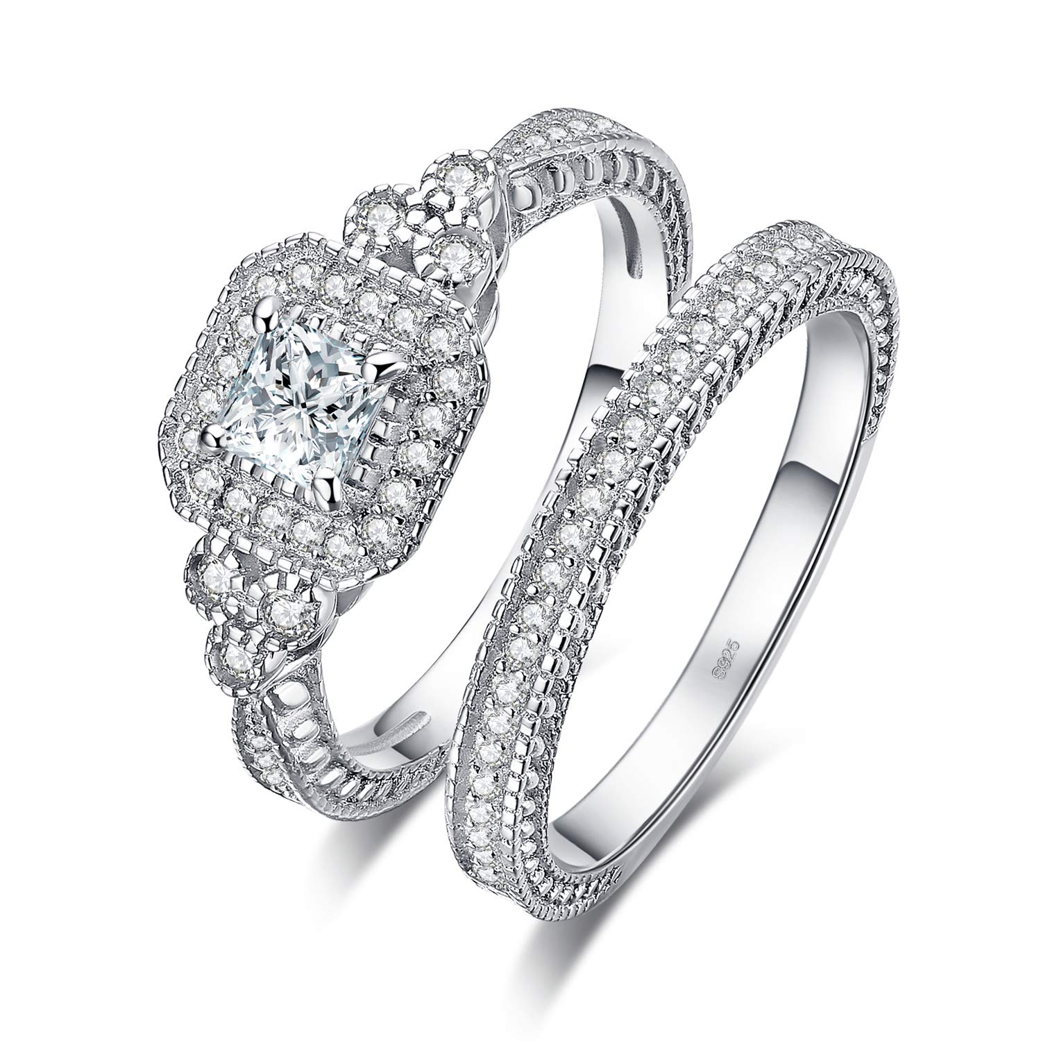 JewelryPalace Wedding Bands Engagement Rings for Women, 14K Gold Plated 925 Sterling Silver Cubic Zirconia Promise Rings, Vintage Thick Anniversary 2ct Princess Cut Halo Simulated Diamond Ring Set 6